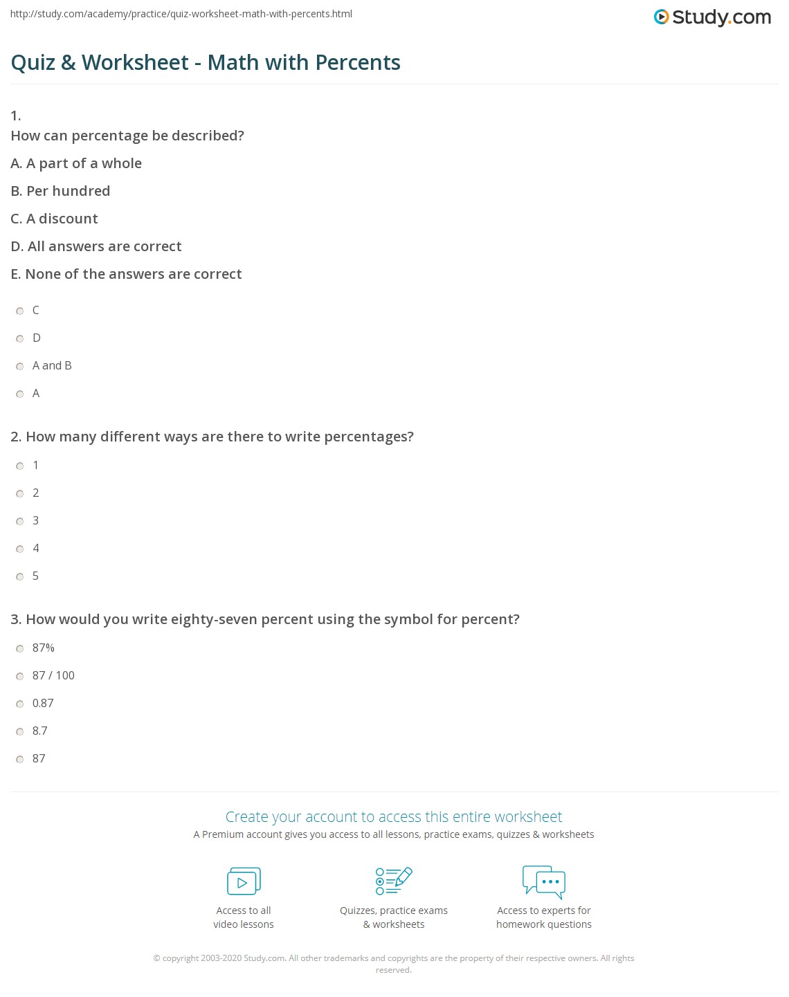 Quiz & Worksheet - Math with Percents | Study.com