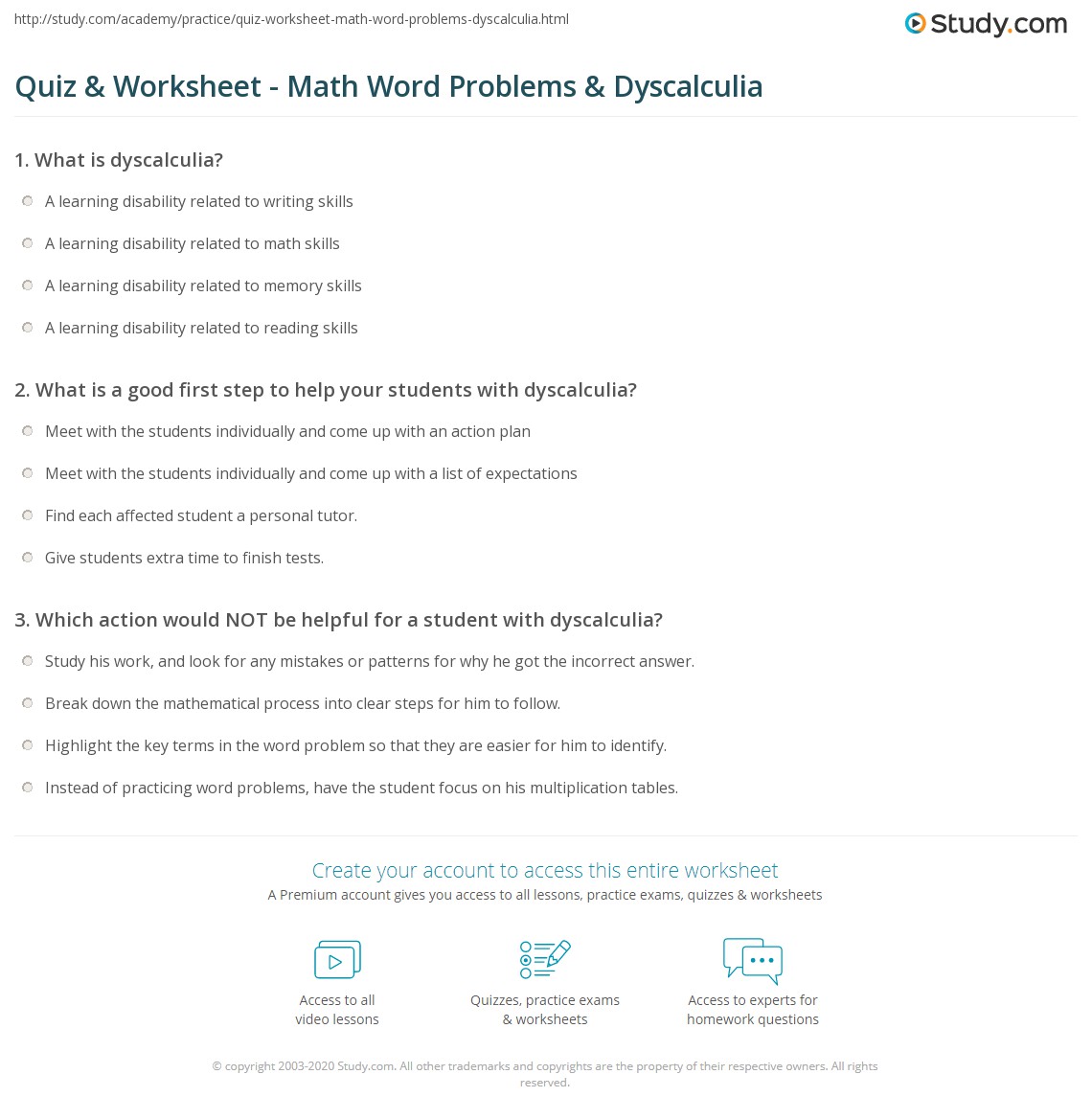 Quiz & Worksheet - Math Word Problems & Dyscalculia | Study.com