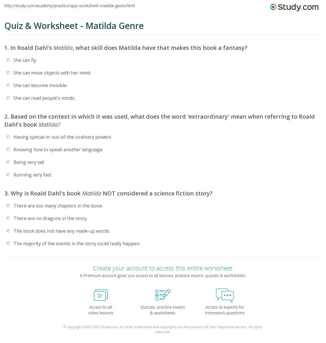 Quiz & Worksheet - Matilda Genre | Study.com