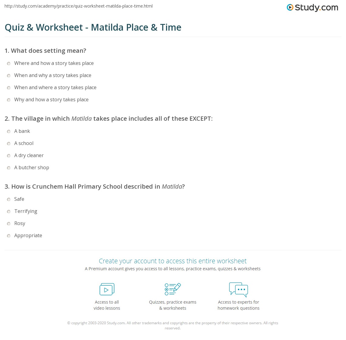 Quiz & Worksheet - Matilda Place & Time | Study.com