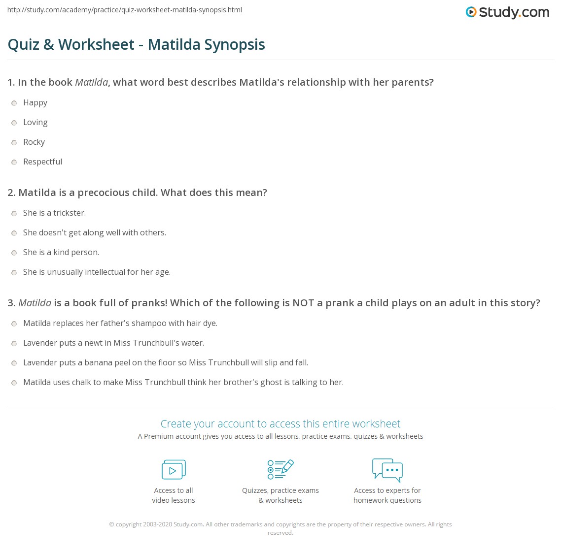 Quiz & Worksheet - Matilda Synopsis | Study.com