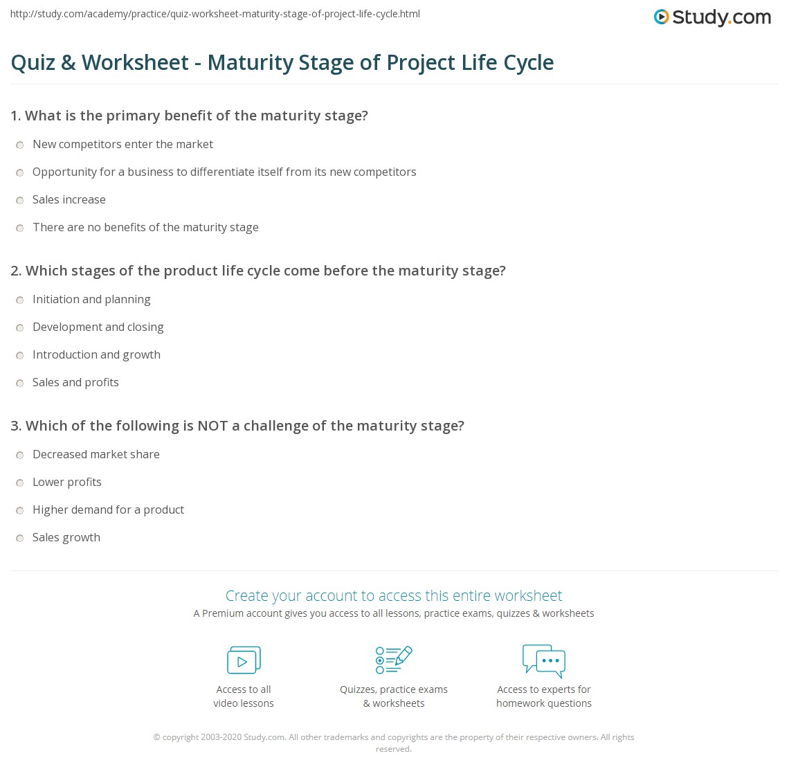 Quiz & Worksheet - Maturity Stage of Project Life Cycle | Study.com