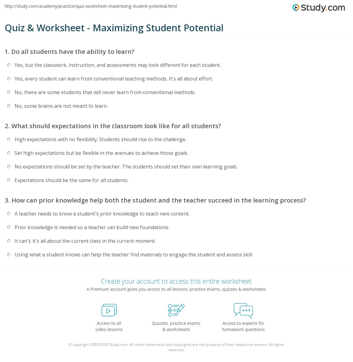 Quiz & Worksheet - Maximizing Student Potential | Study.com