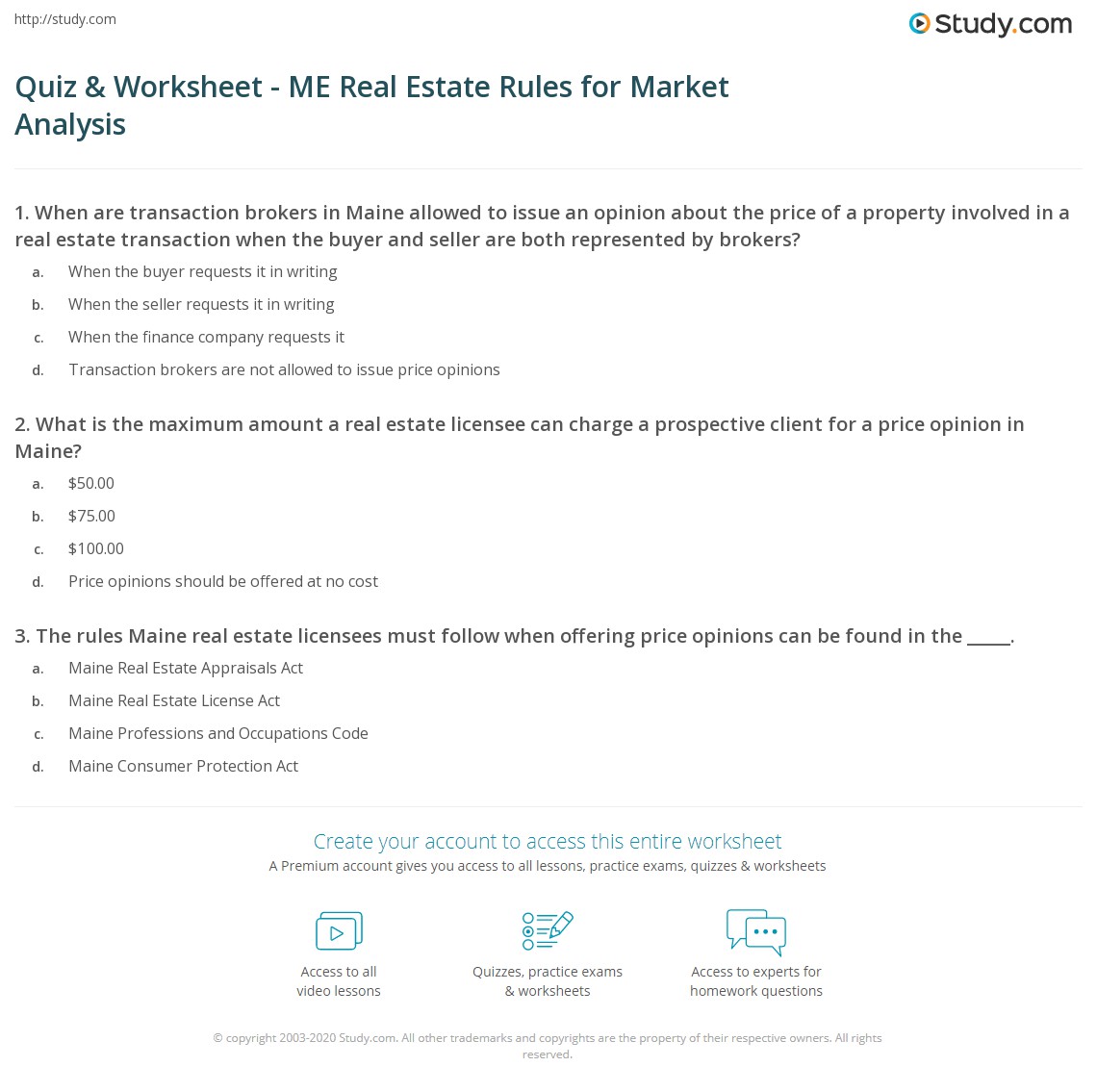 Quiz & Worksheet - ME Real Estate Rules for Market Analysis | Study.com