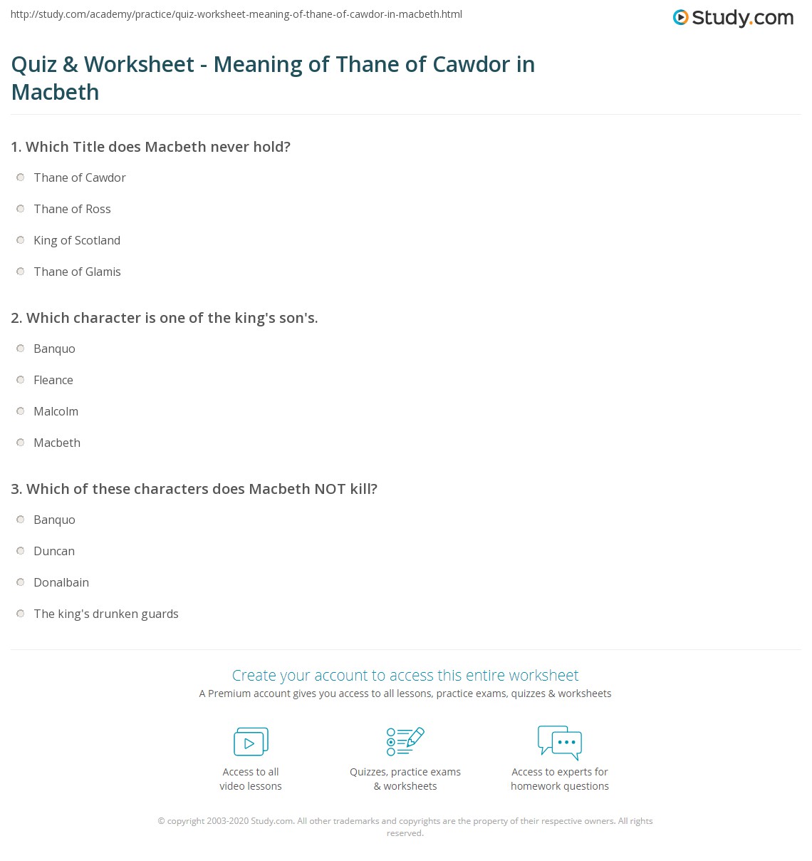 Quiz & Worksheet - Meaning of Thane of Cawdor in Macbeth | Study.com