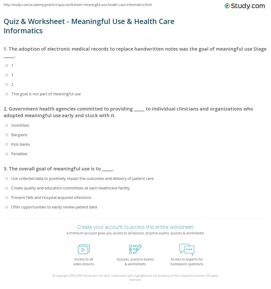 Quiz & Worksheet - Meaningful Use & Health Care Informatics | Study.com