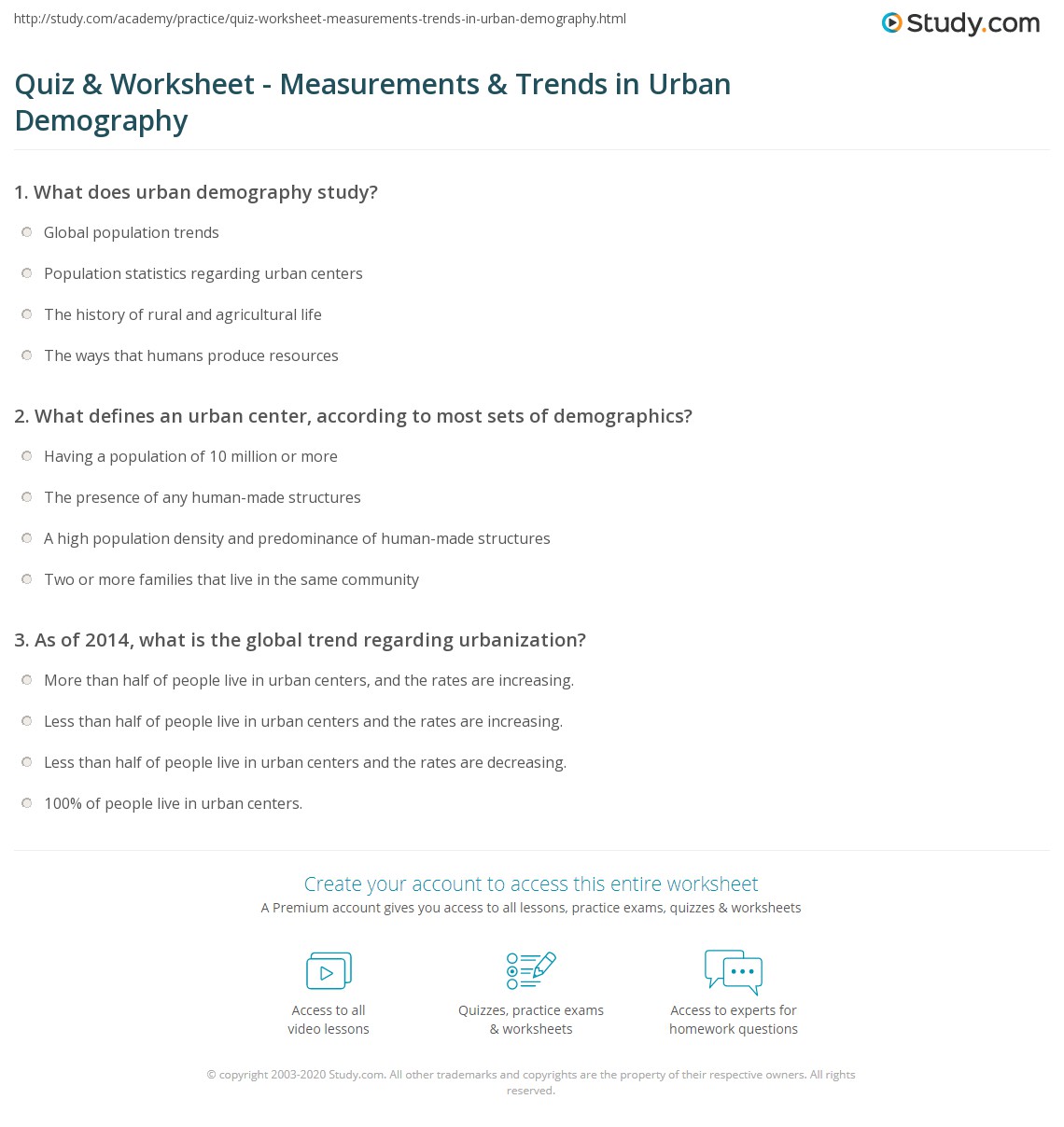 Quiz & Worksheet - Measurements & Trends in Urban Demography | Study.com