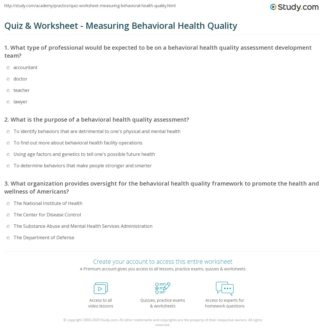 Quiz & Worksheet - Measuring Behavioral Health Quality | Study.com