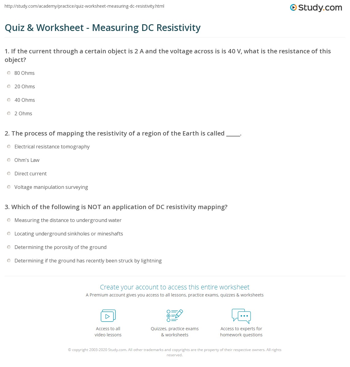 Quiz & Worksheet - Measuring DC Resistivity | Study.com