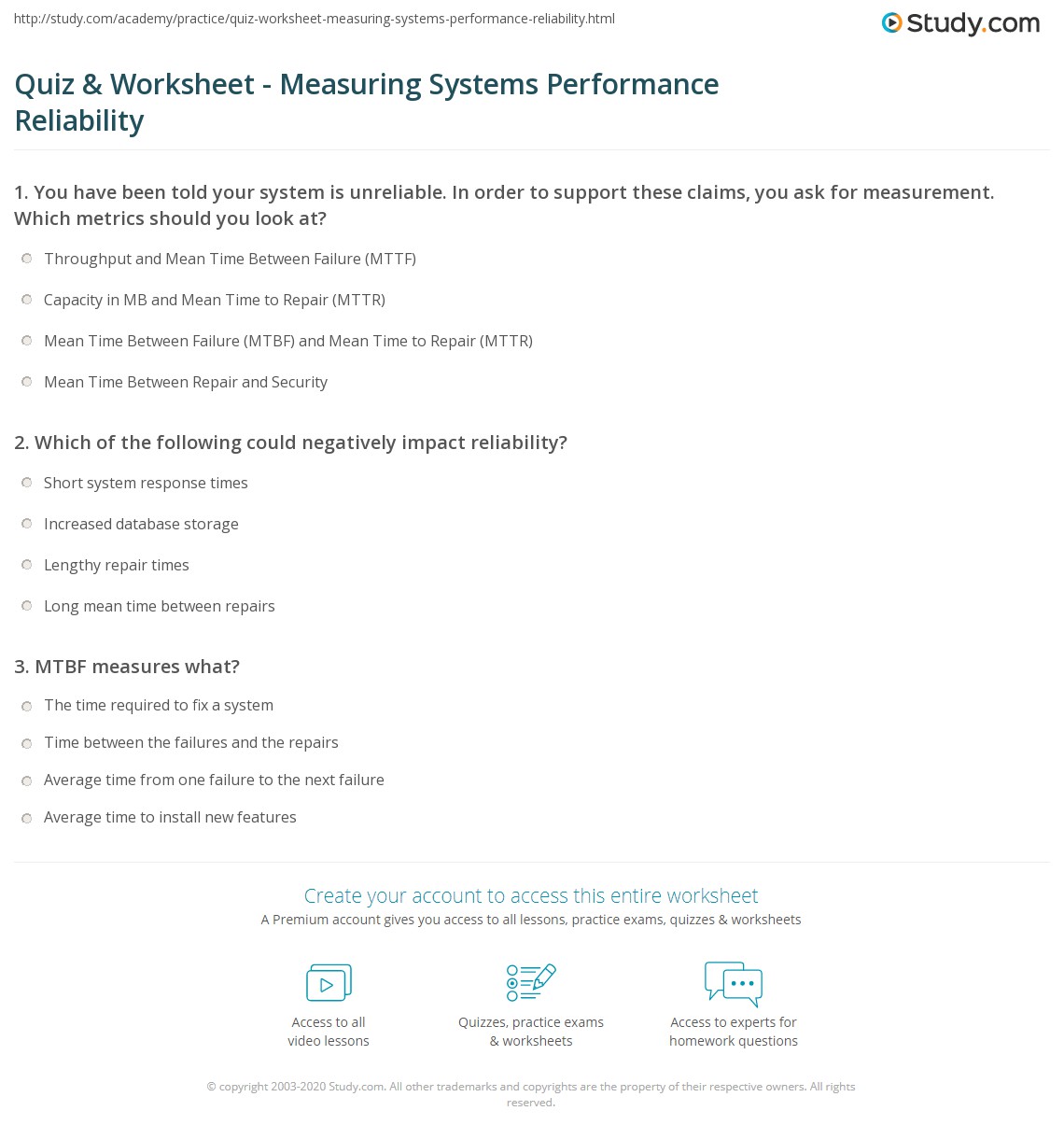 Quiz & Worksheet - Measuring Systems Performance Reliability | Study.com