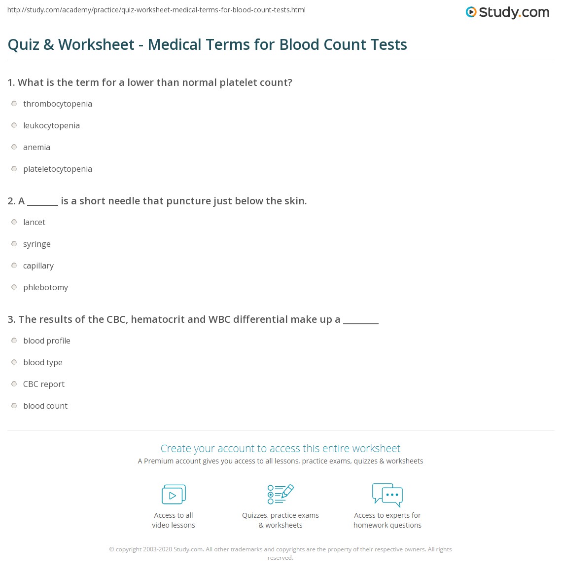Quiz & Worksheet - Medical Terms for Blood Count Tests | Study.com