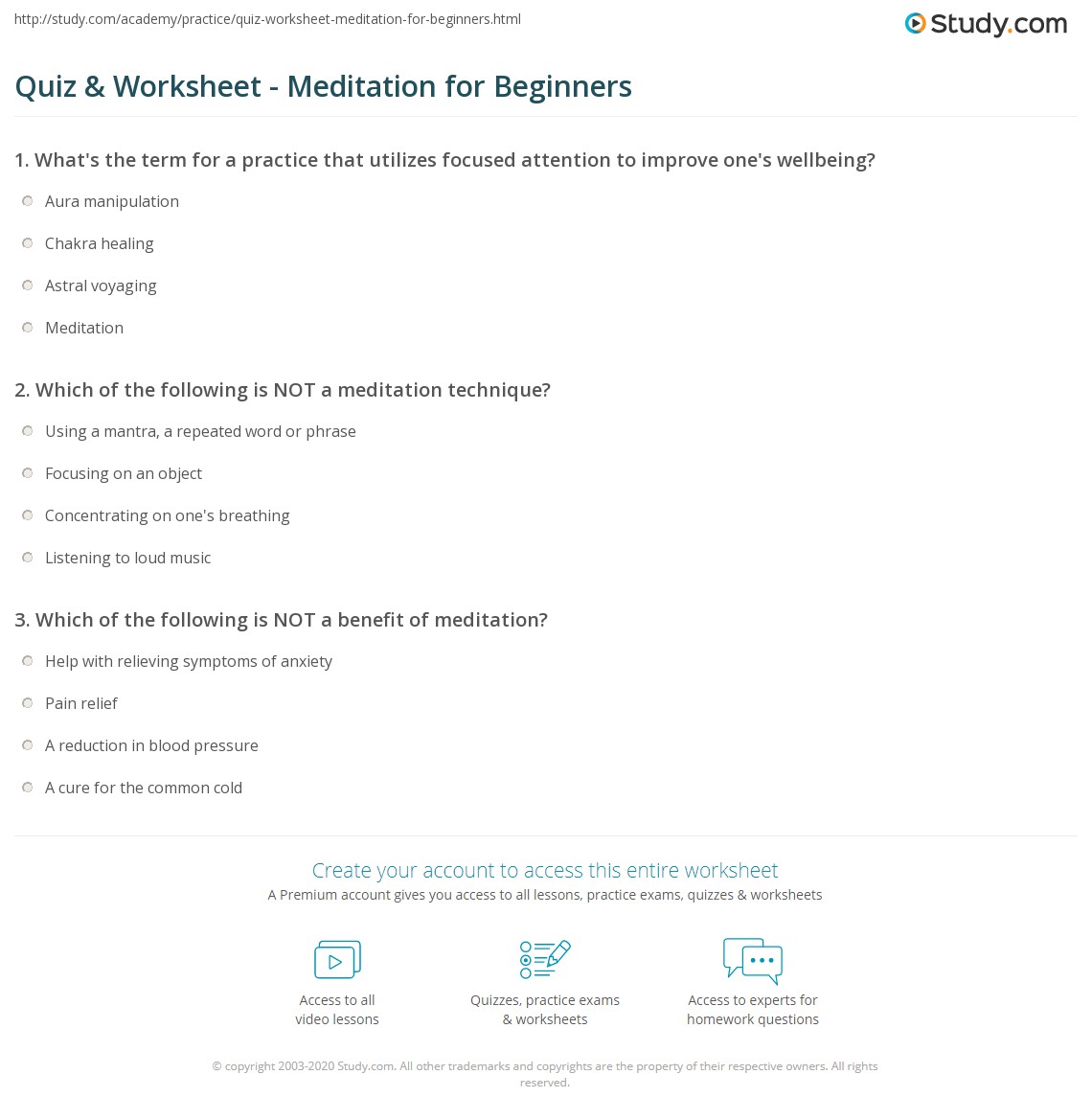Quiz & Worksheet - Meditation for Beginners | Study.com