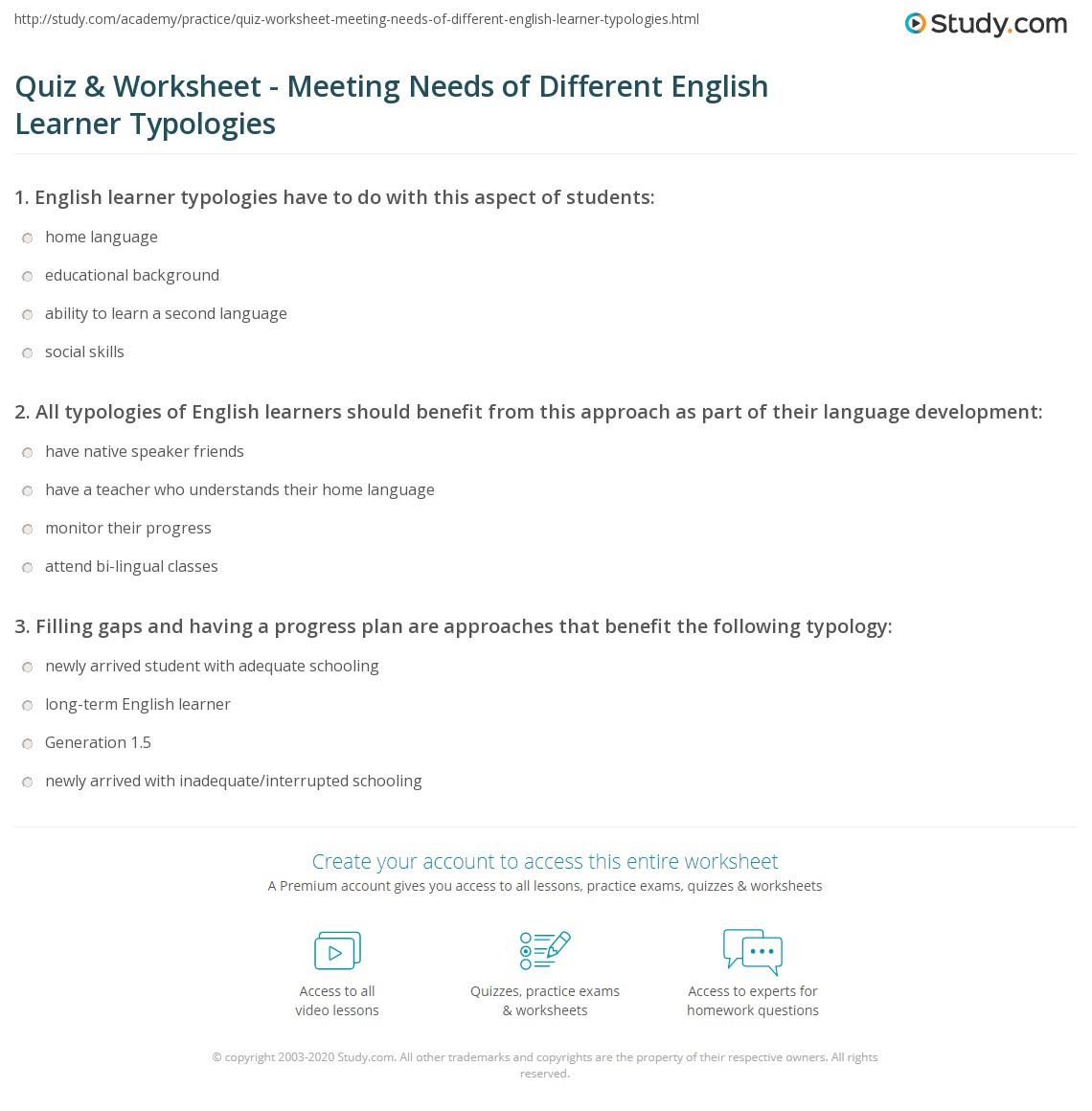 Quiz & Worksheet - Meeting Needs of Different English Learner ...