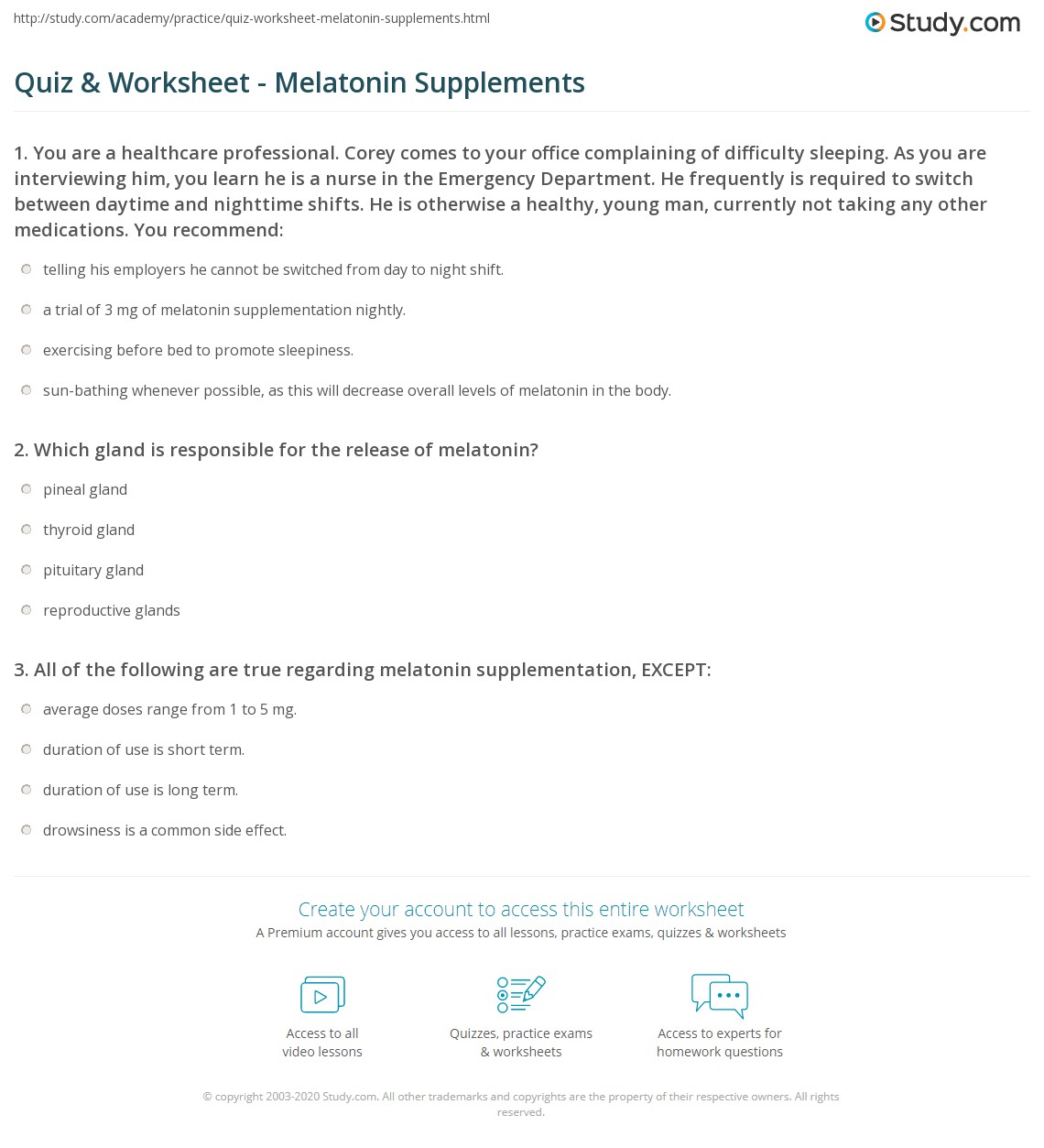 Quiz & Worksheet - Melatonin Supplements | Study.com