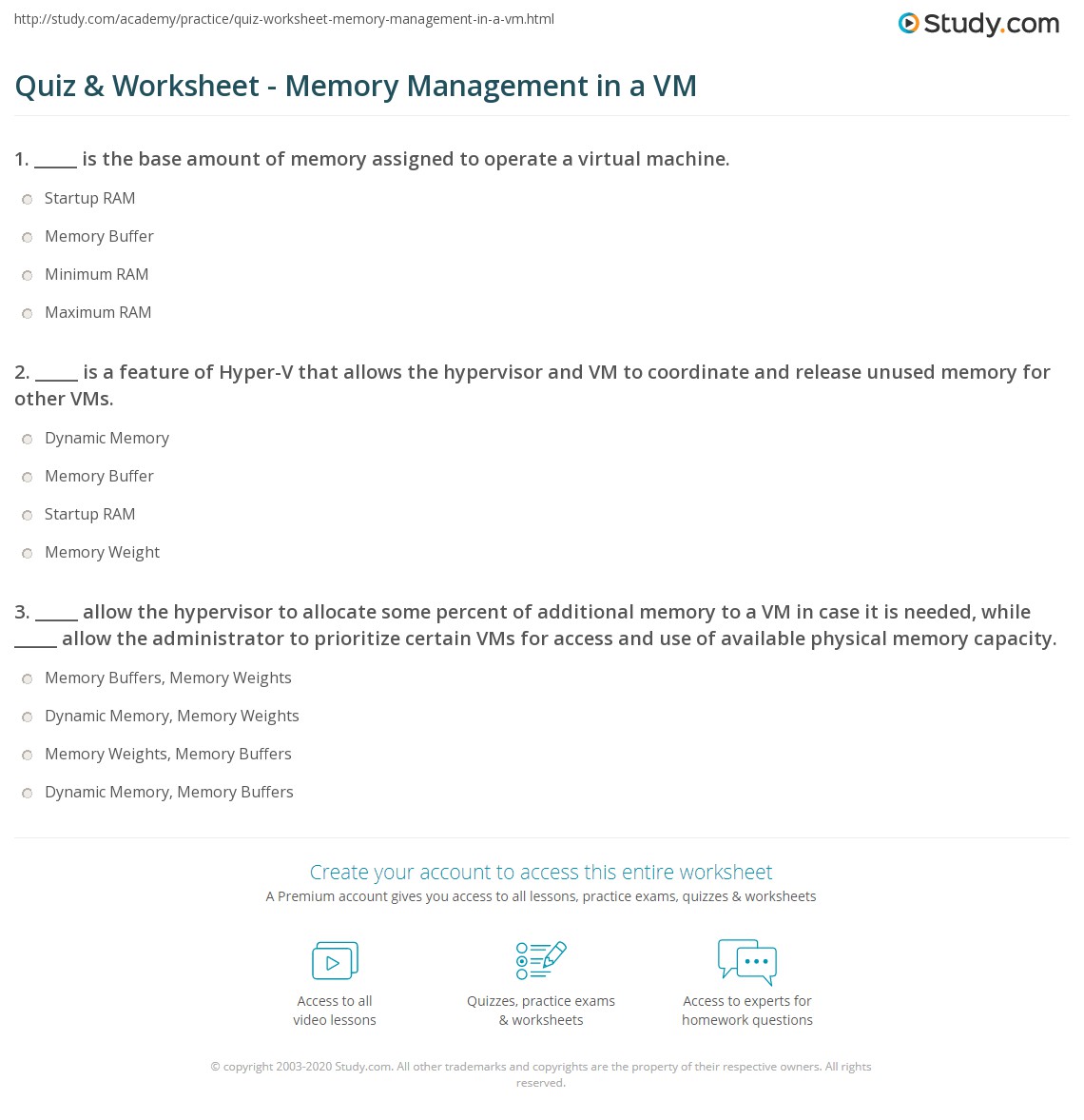 Quiz & Worksheet - Memory Management in a VM | Study.com