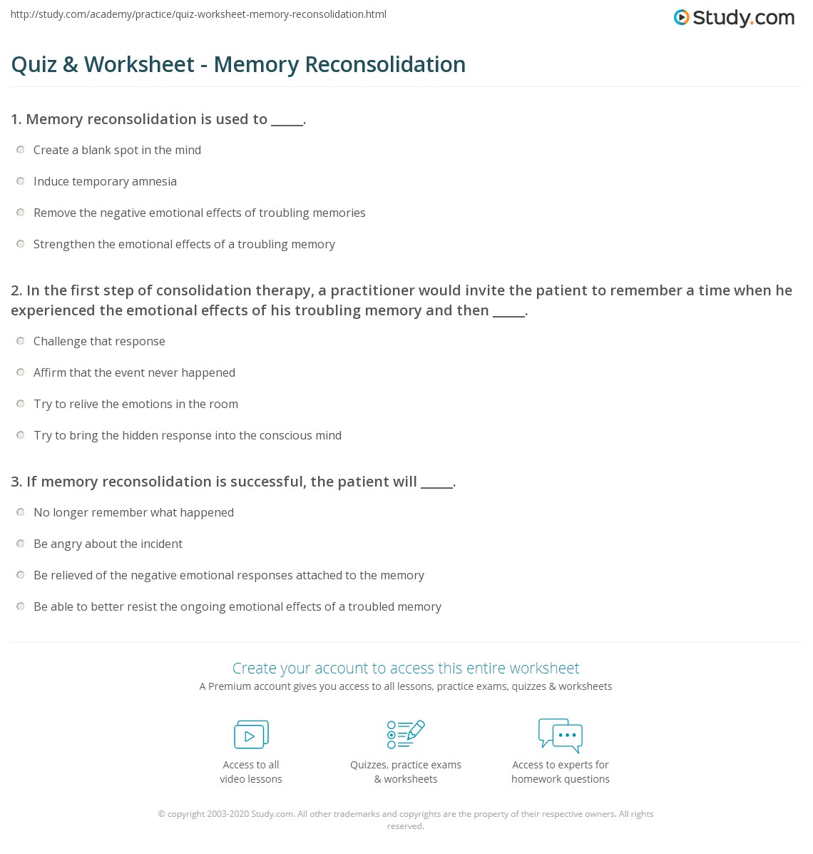 Quiz & Worksheet - Memory Reconsolidation | Study.com