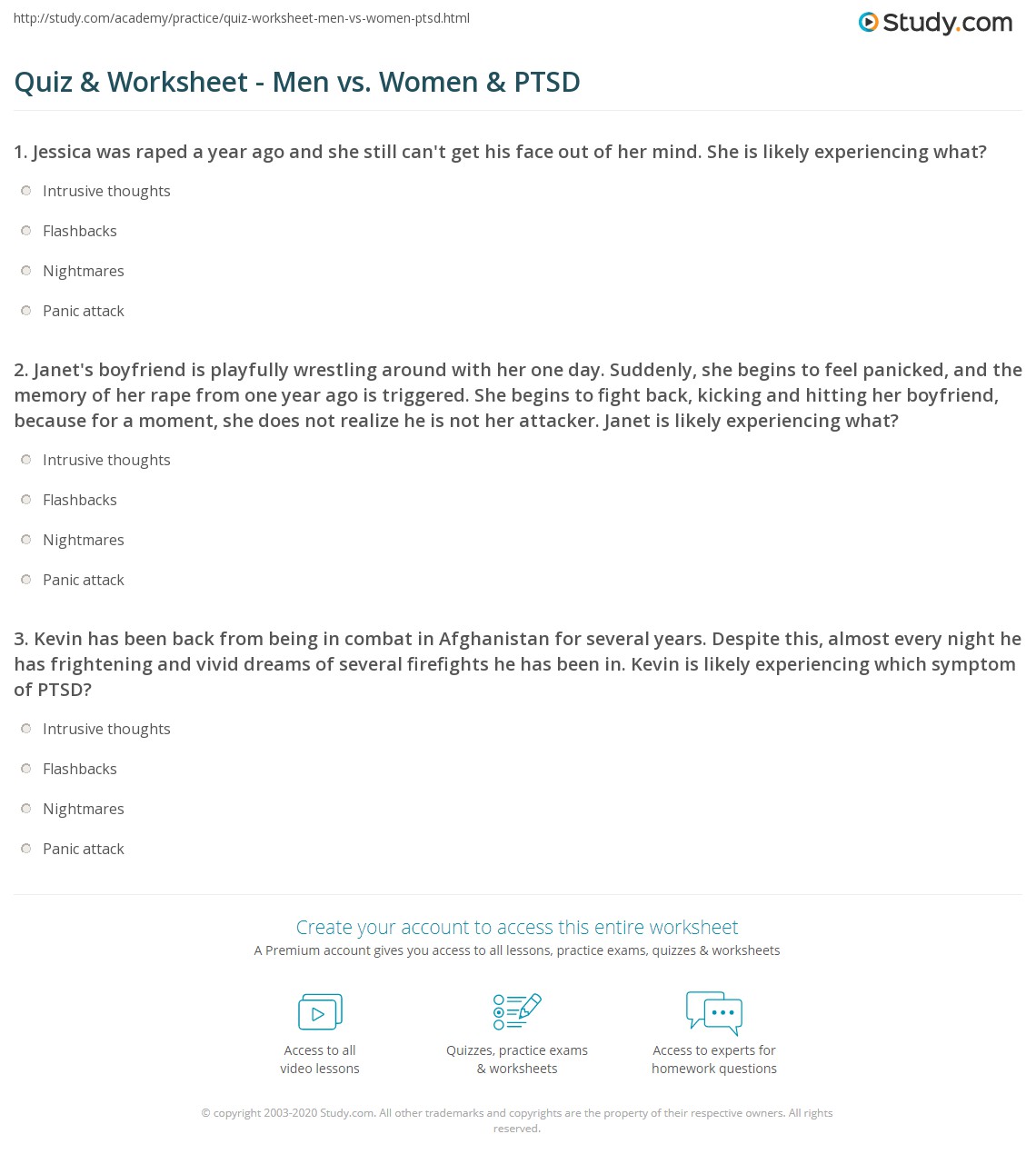 Quiz & Worksheet - Men vs. Women & PTSD | Study.com