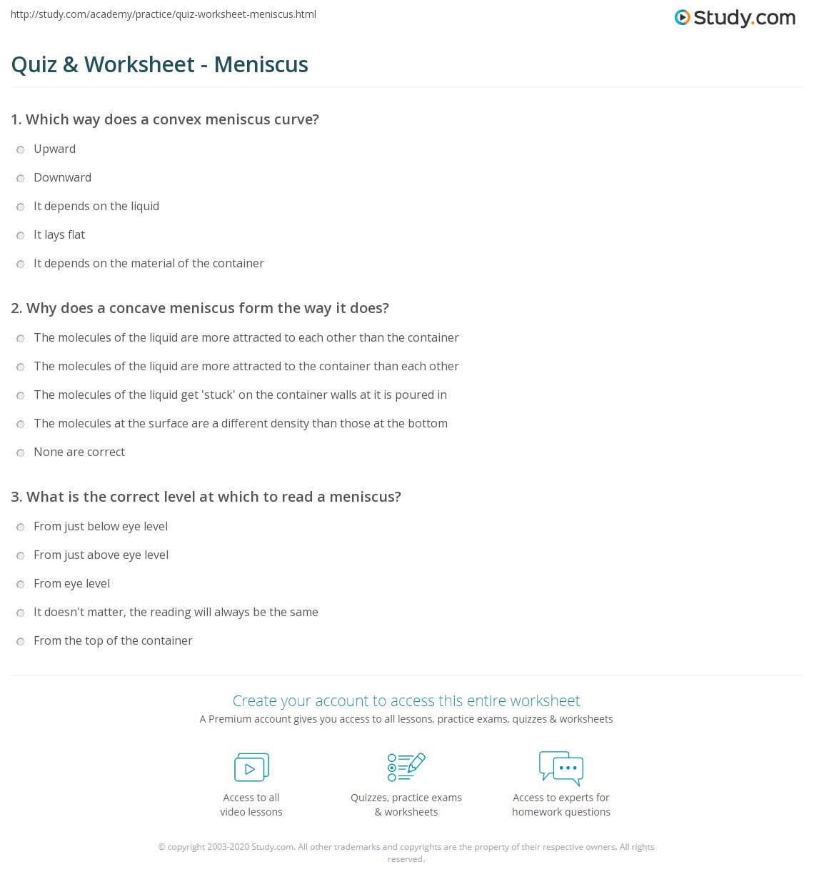 Quiz & Worksheet - Meniscus | Study.com