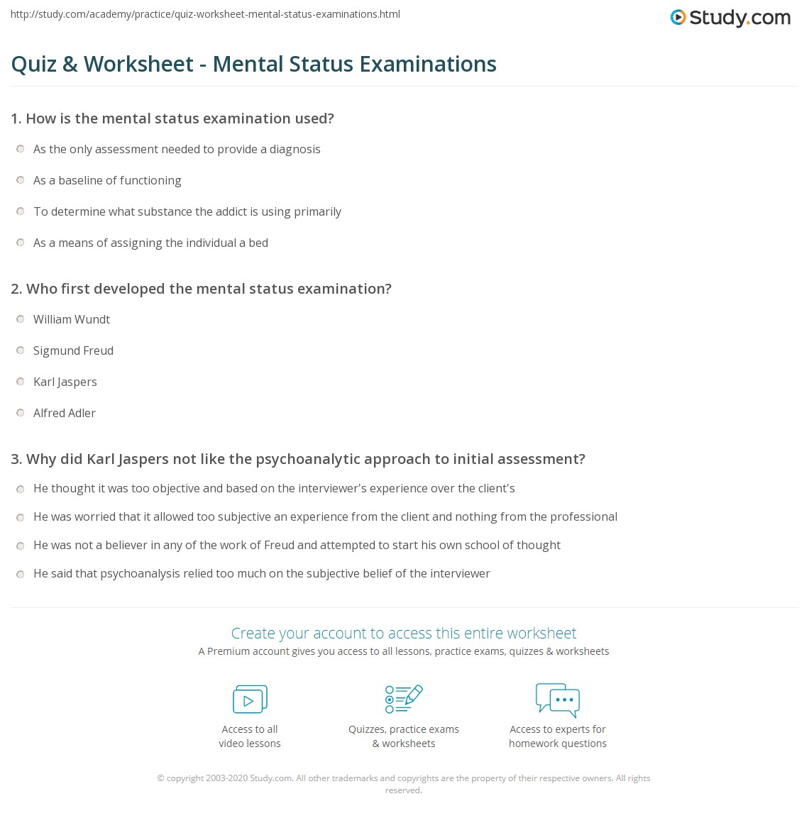 Quiz & Worksheet - Mental Status Examinations | Study.com