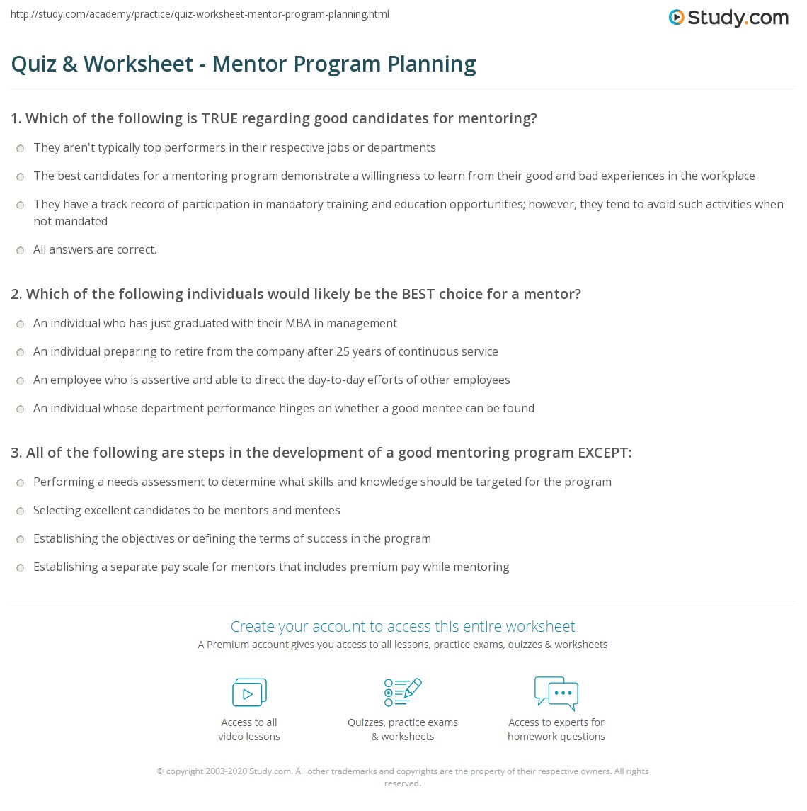 Quiz & Worksheet - Mentor Program Planning | Study.com