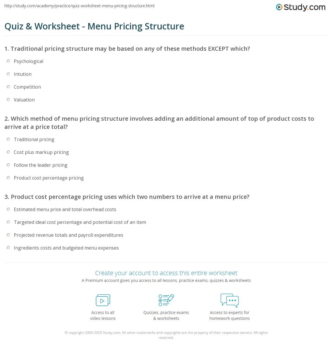 Quiz & Worksheet - Menu Pricing Structure | Study.com