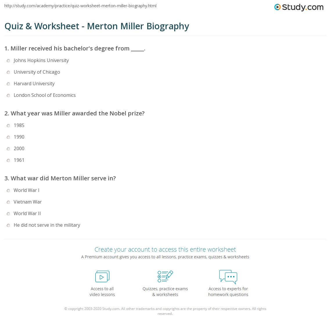 Quiz & Worksheet - Merton Miller Biography | Study.com