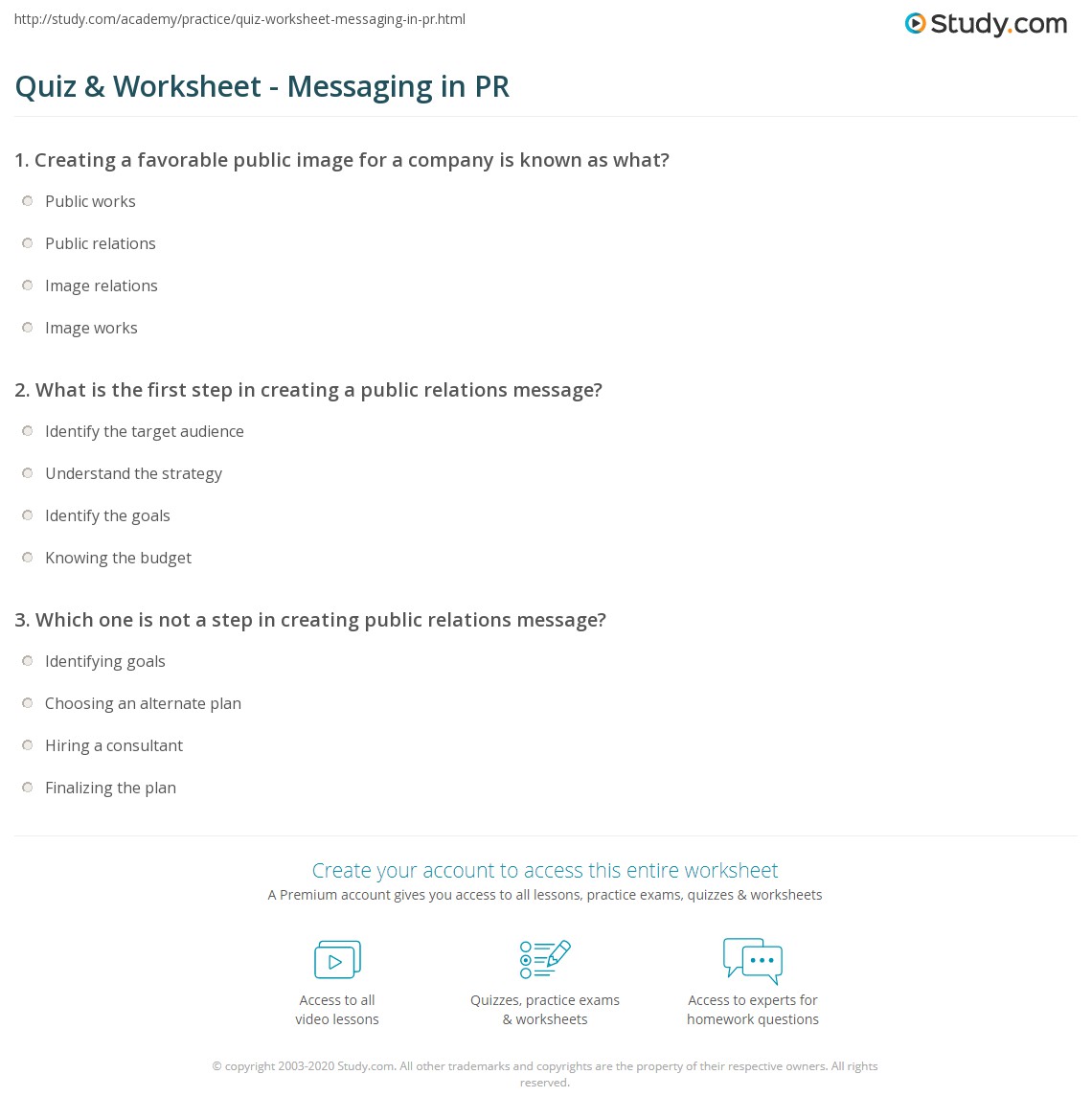 Quiz & Worksheet - Messaging in PR | Study.com