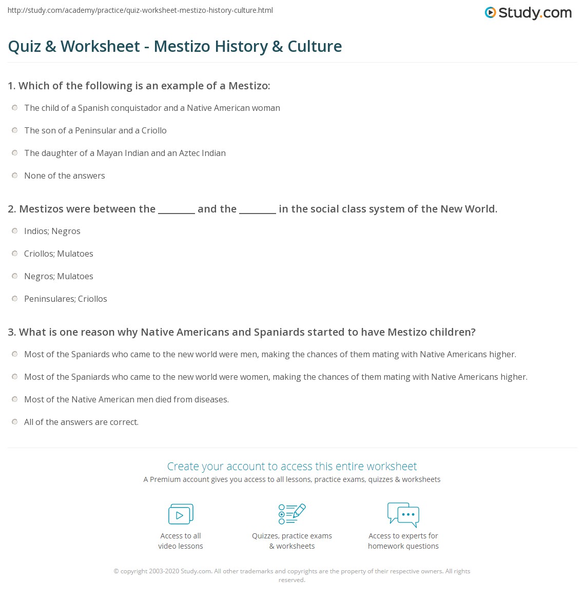 Quiz & Worksheet - Mestizo History & Culture | Study.com