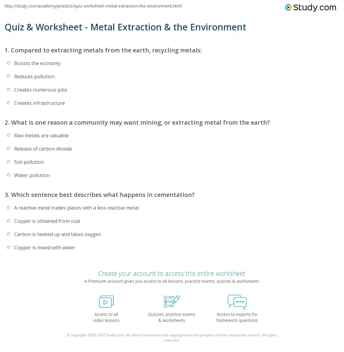 Quiz & Worksheet - Metal Extraction & the Environment | Study.com