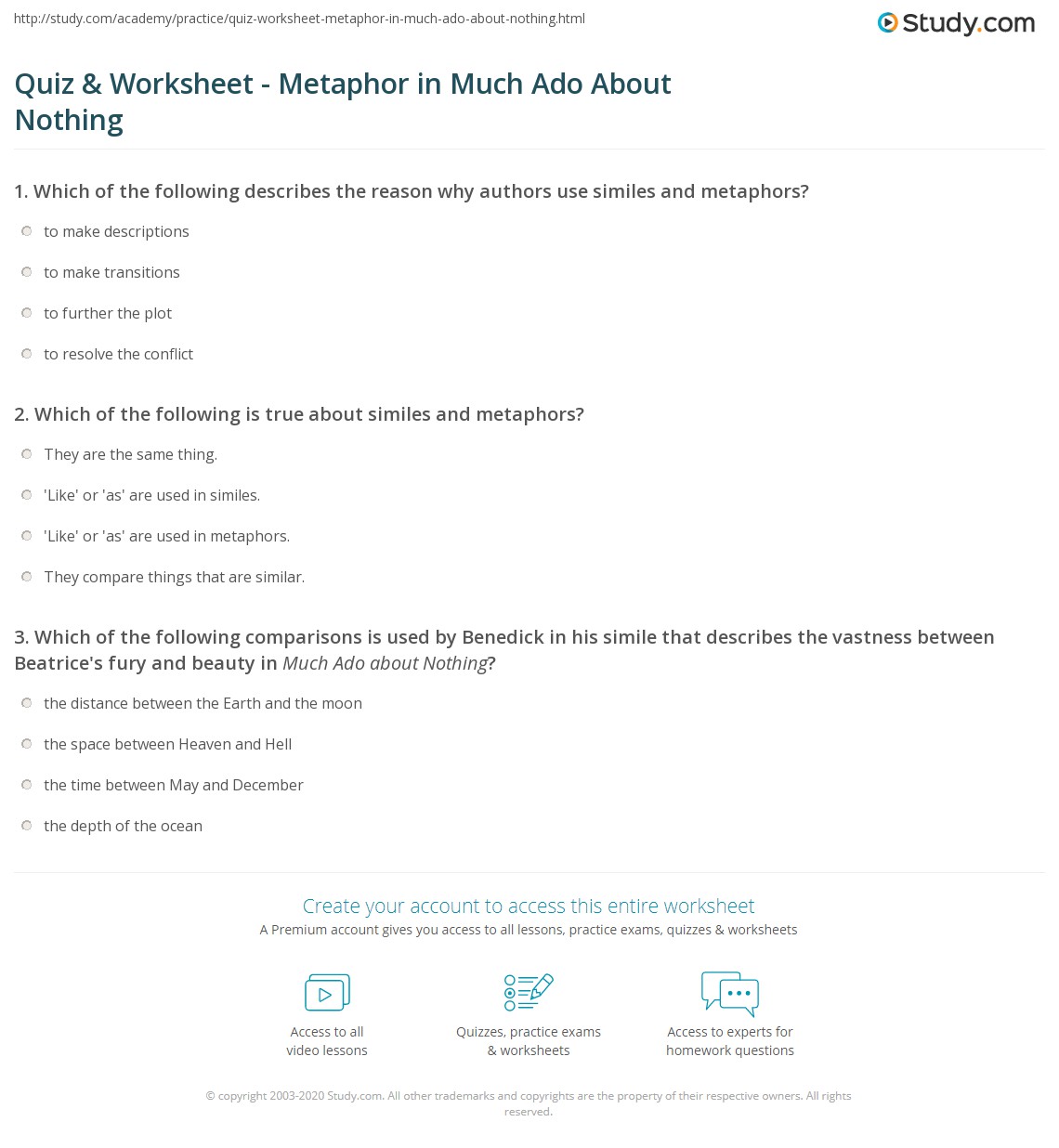 Quiz & Worksheet - Metaphor in Much Ado About Nothing | Study.com