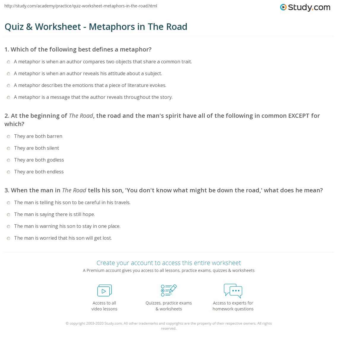 Quiz & Worksheet - Metaphors in The Road | Study.com