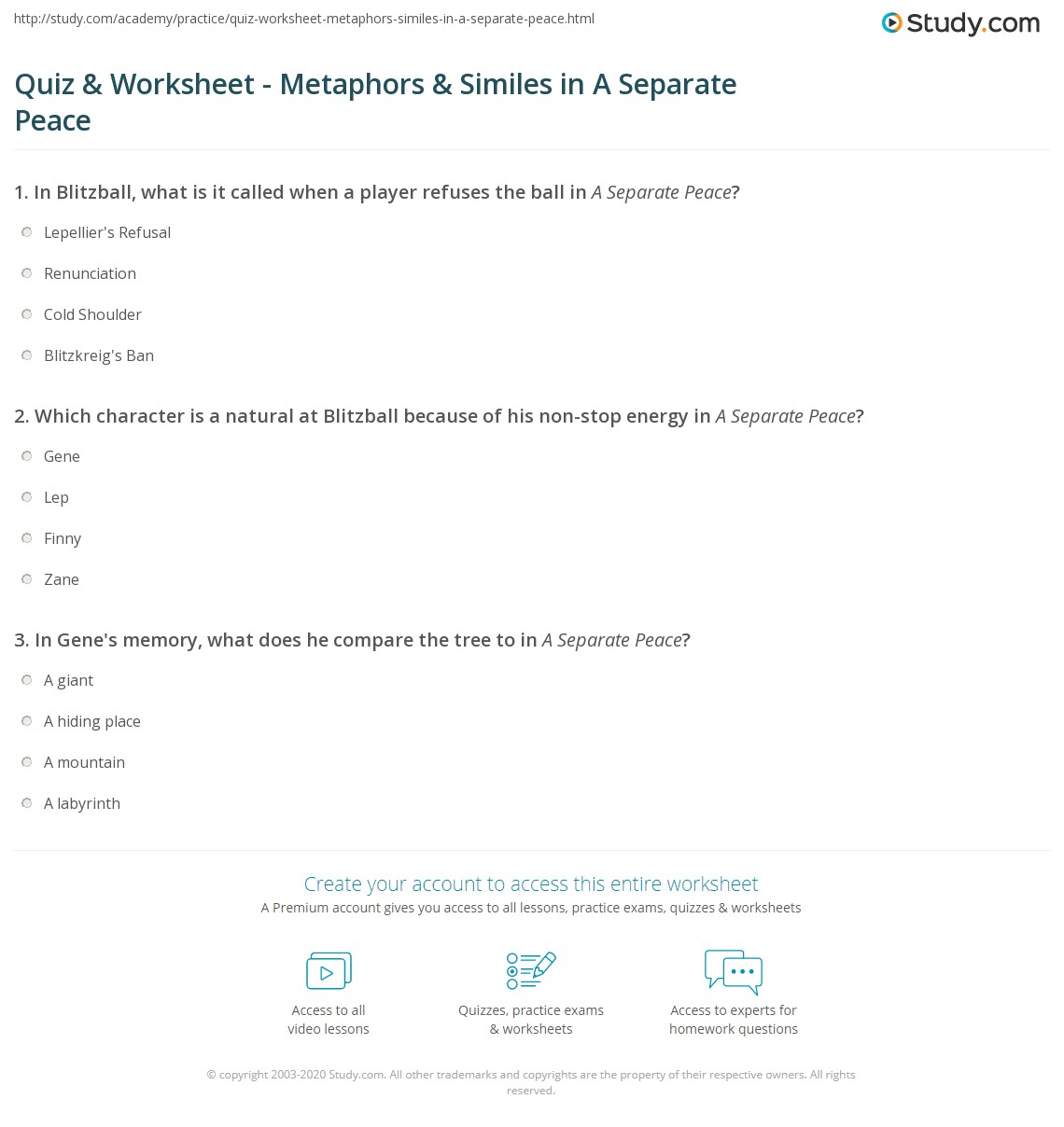 Quiz & Worksheet - Metaphors & Similes in A Separate Peace | Study.com