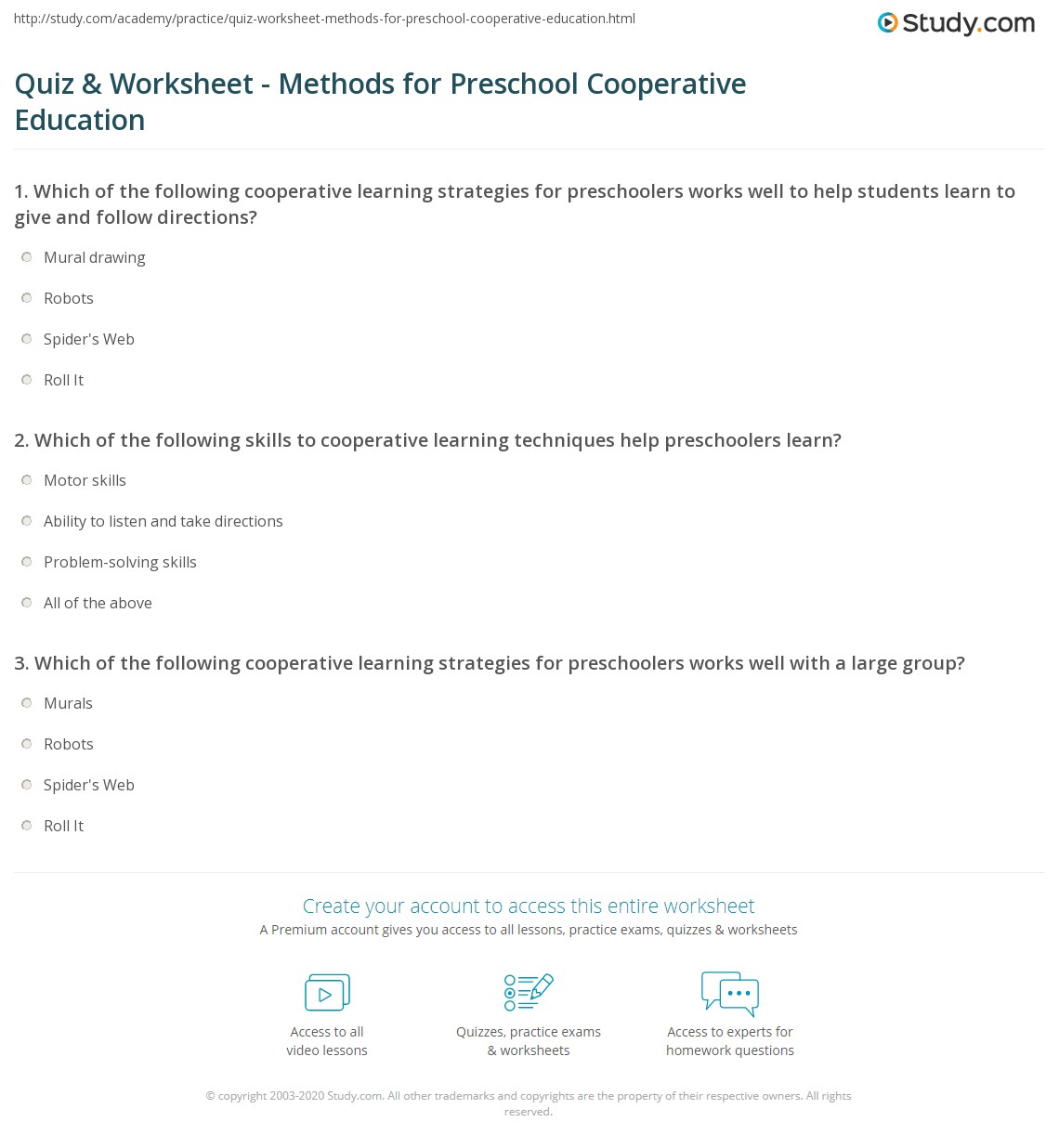 Quiz & Worksheet - Methods for Preschool Cooperative Education | Study.com