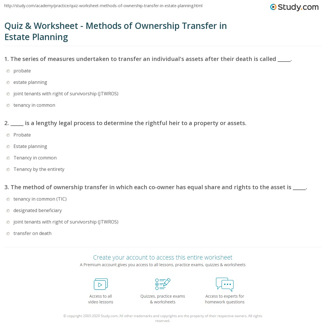 Quiz & Worksheet - Methods of Ownership Transfer in Estate Planning ...