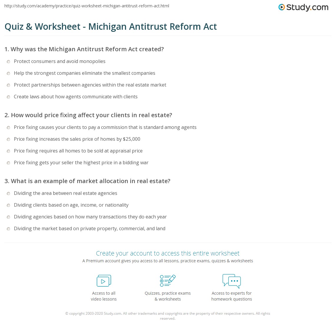 Quiz & Worksheet - Michigan Antitrust Reform Act | Study.com