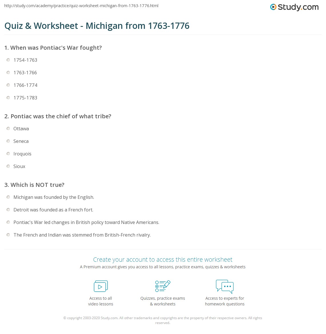 Quiz & Worksheet - Michigan from 1763-1776 | Study.com