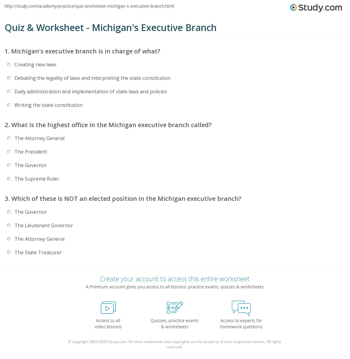 Quiz & Worksheet - Michigan's Executive Branch | Study.com