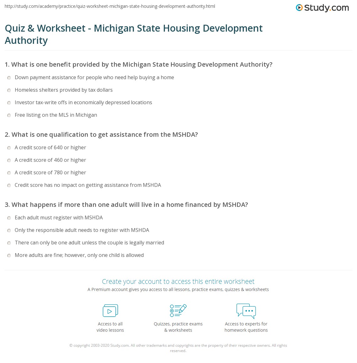 Quiz & Worksheet - Michigan State Housing Development Authority | Study.com
