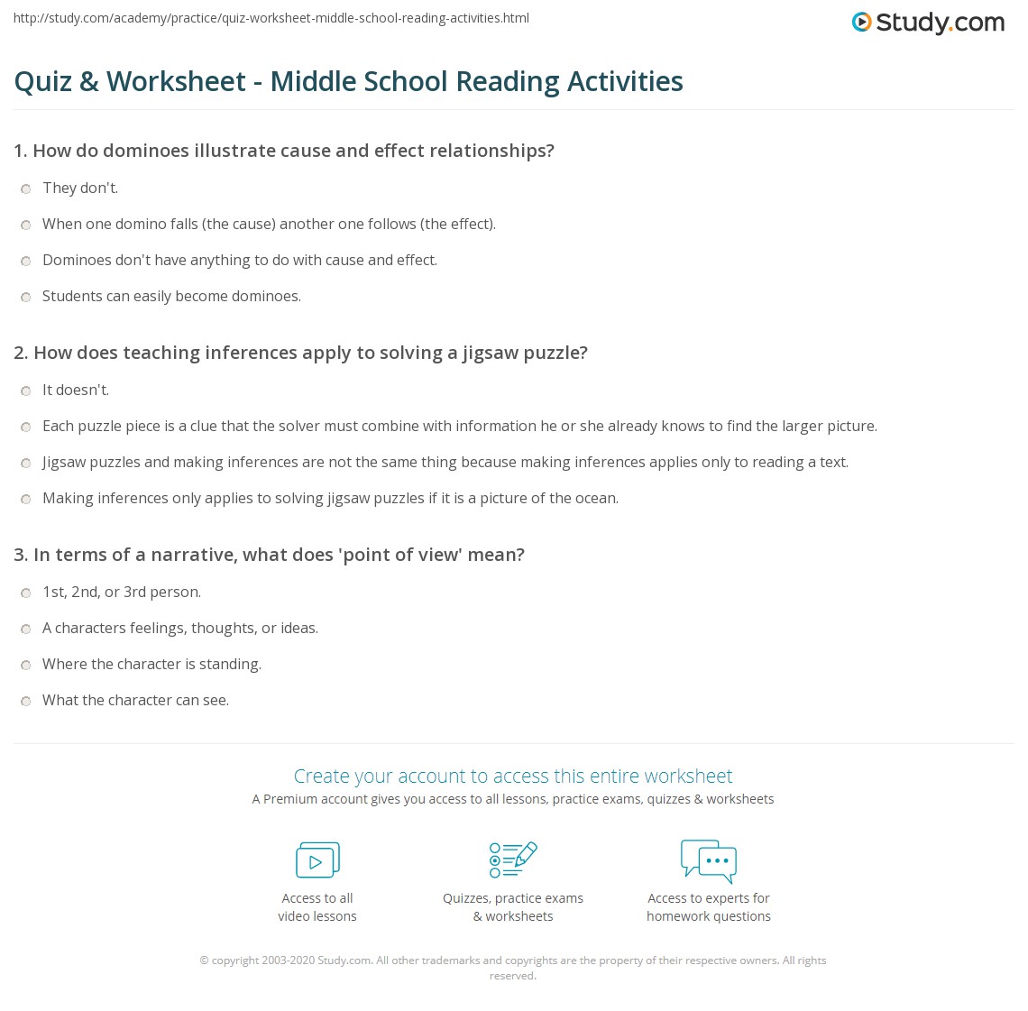 Quiz Worksheet Middle School Reading Activities Study