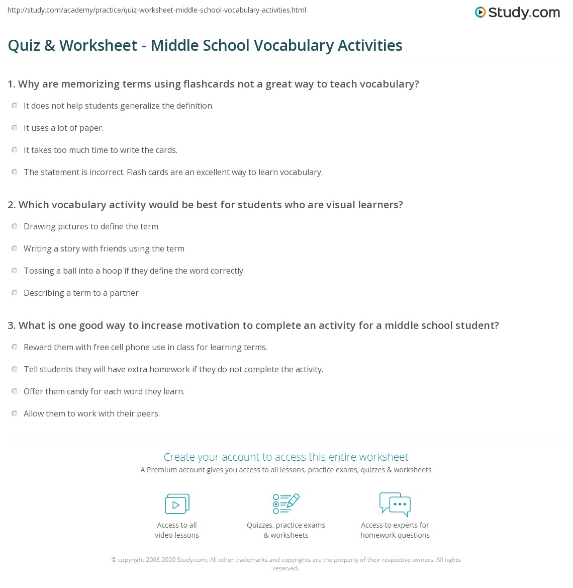 Quiz Worksheet Middle School Vocabulary Activities Study