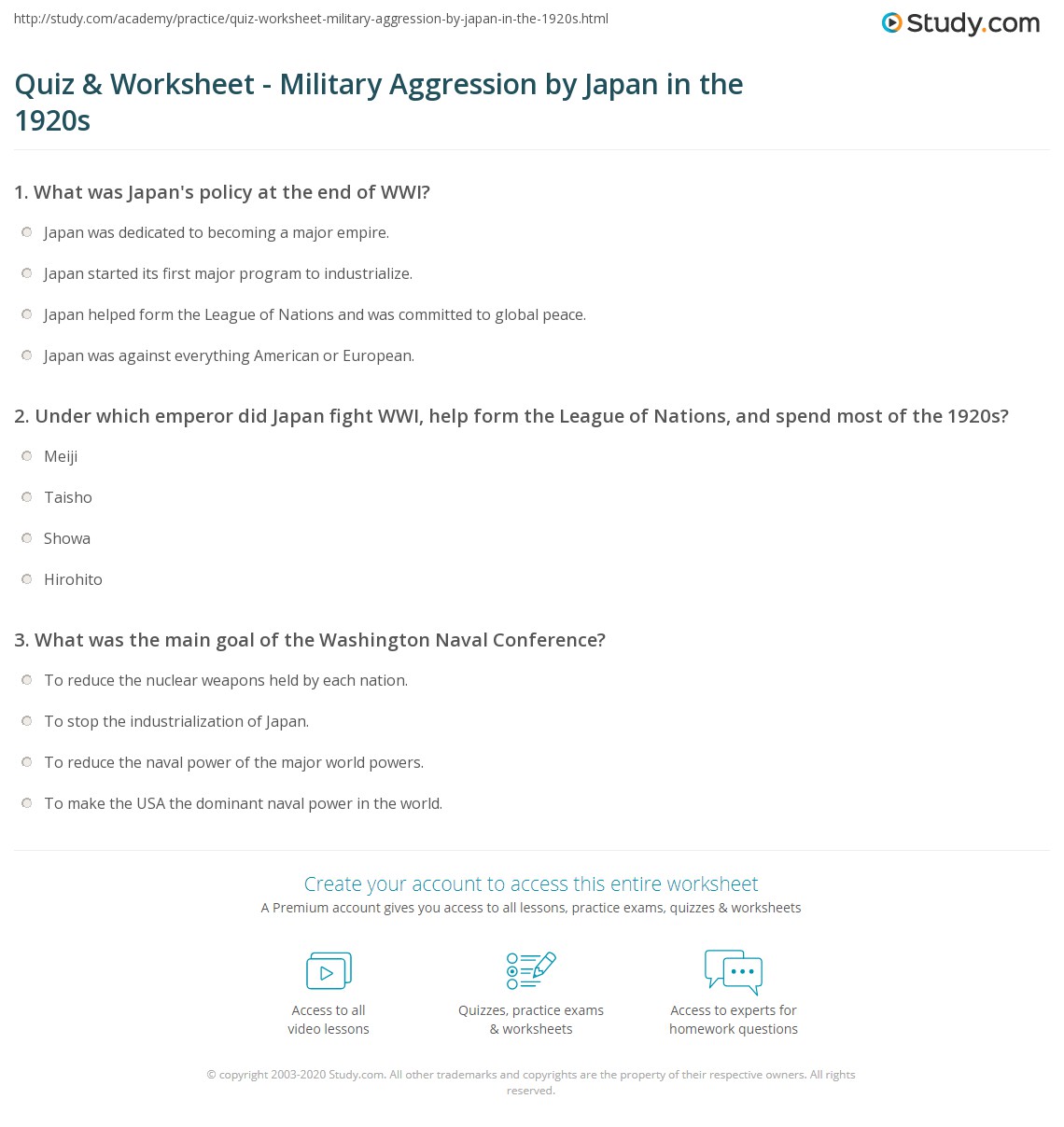 Quiz & Worksheet - Military Aggression by Japan in the 1920s | Study.com