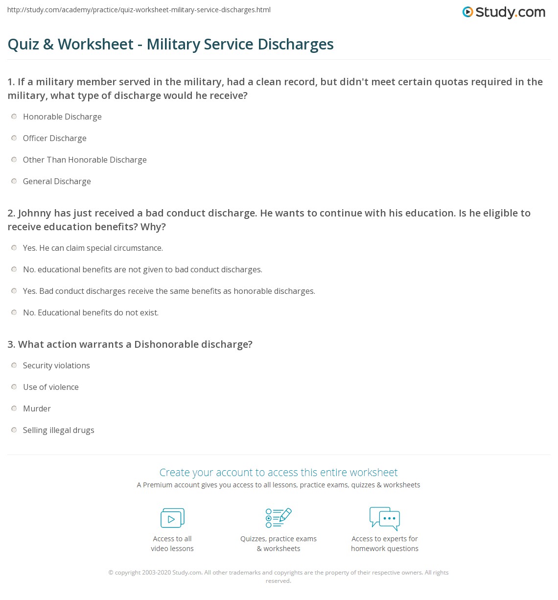 Quiz & Worksheet - Military Service Discharges | Study.com