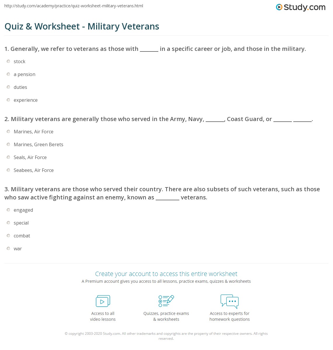 Quiz & Worksheet - Military Veterans | Study.com