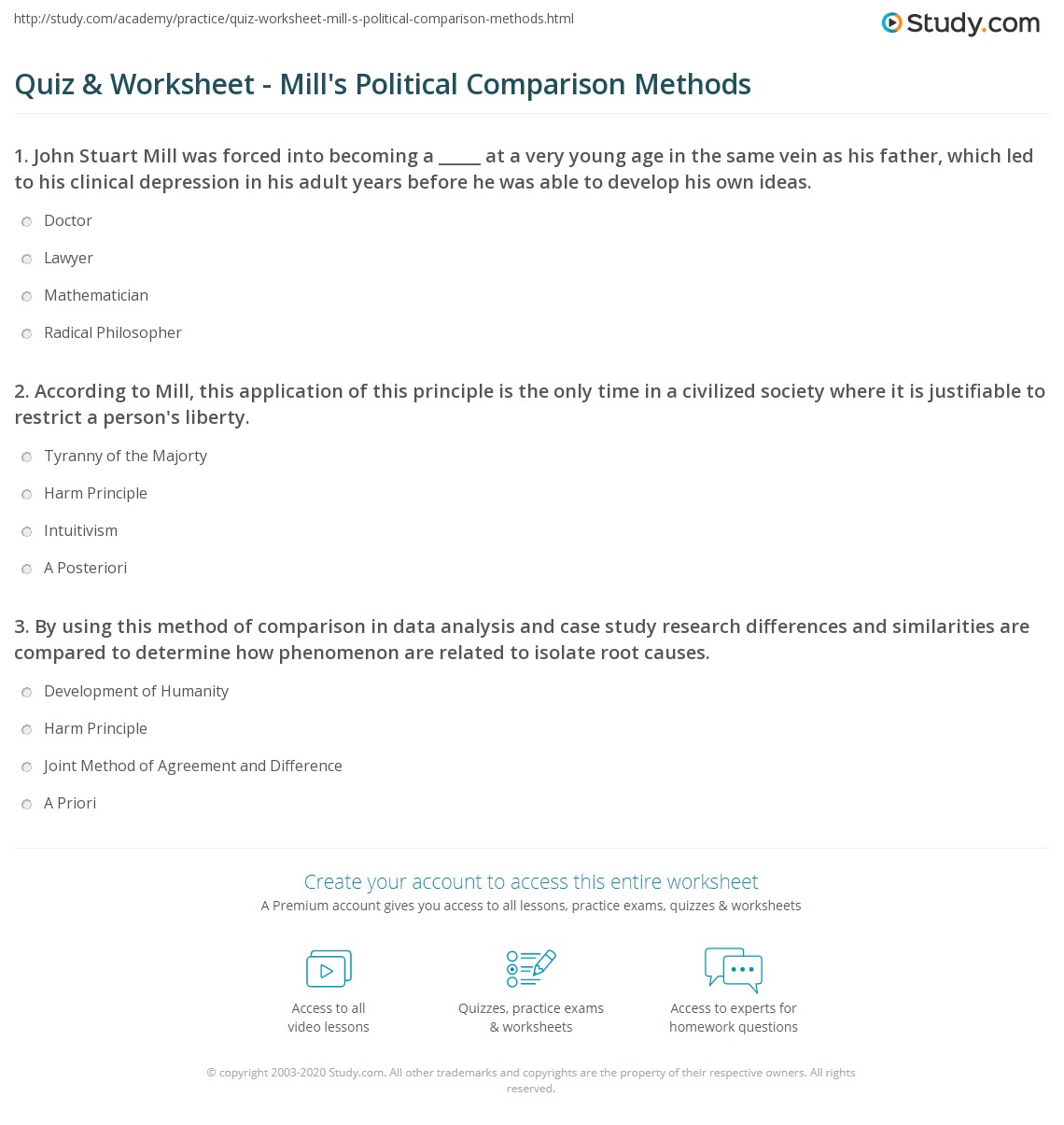Quiz & Worksheet - Mill's Political Comparison Methods | Study.com