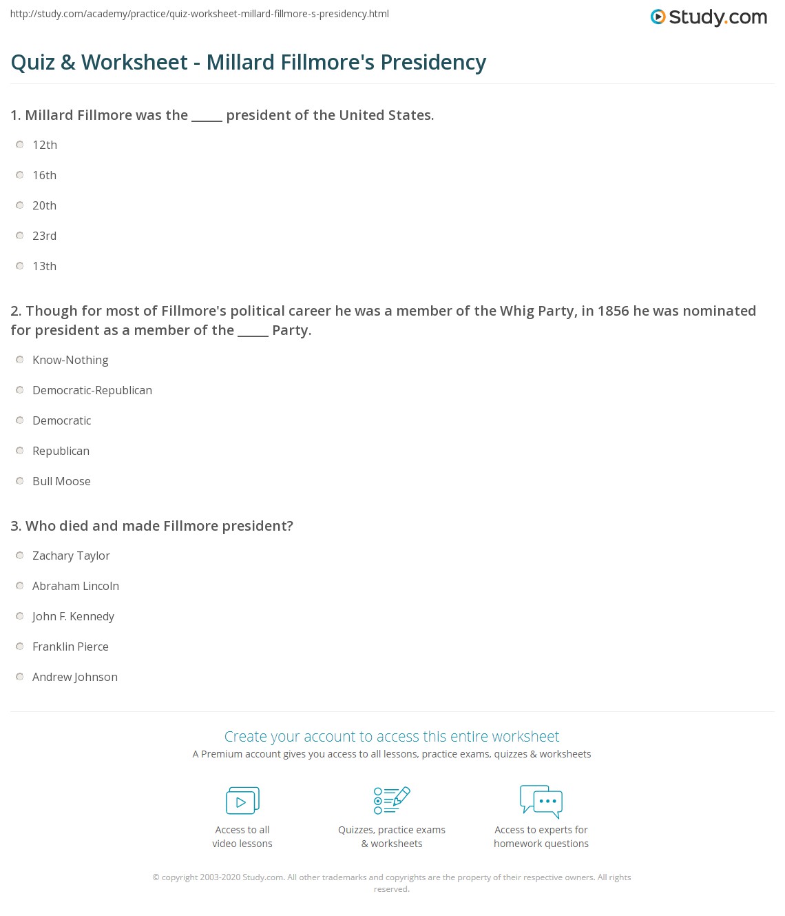 Quiz & Worksheet - Millard Fillmore's Presidency | Study.com