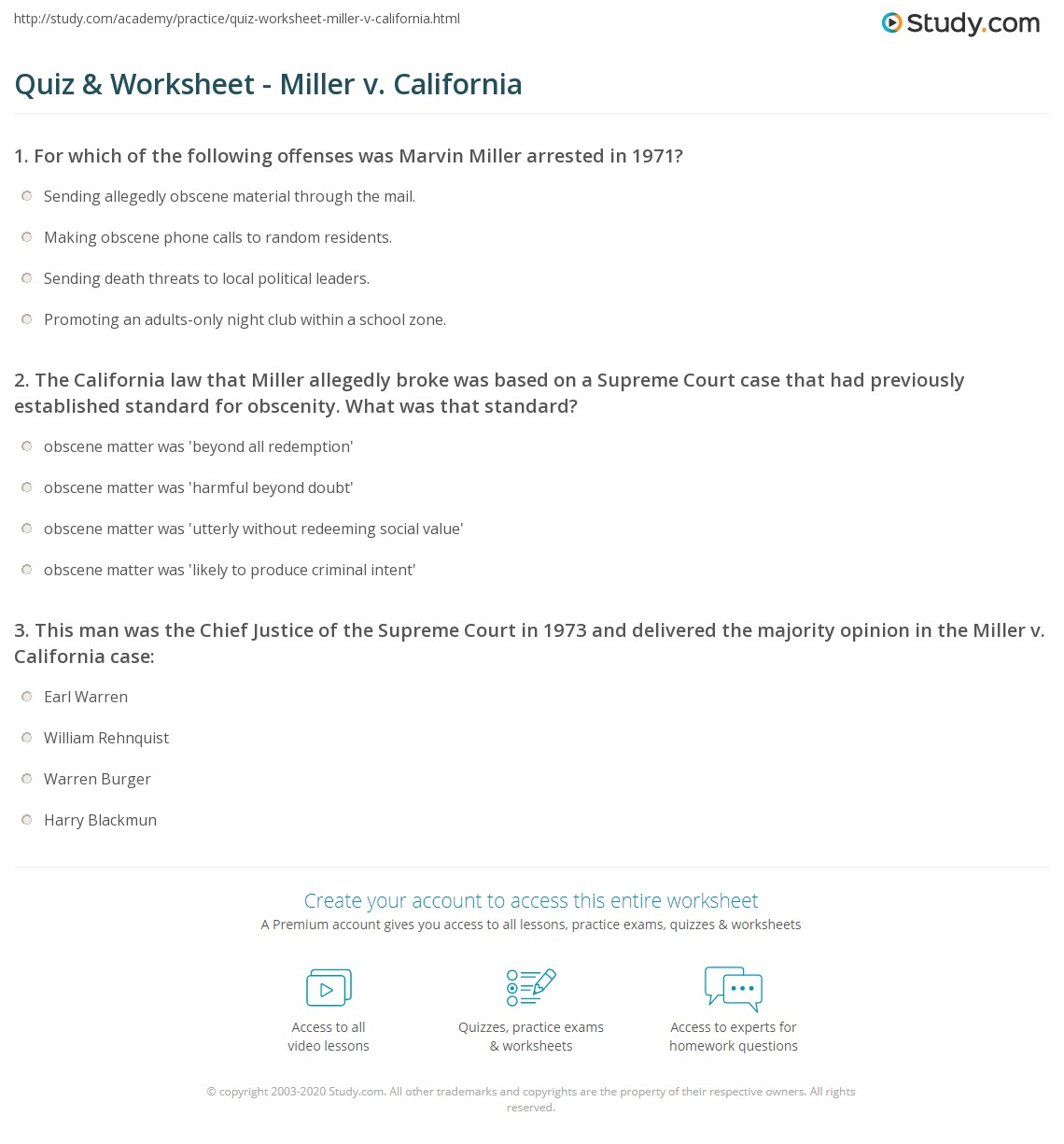 Quiz & Worksheet - Miller v. California | Study.com