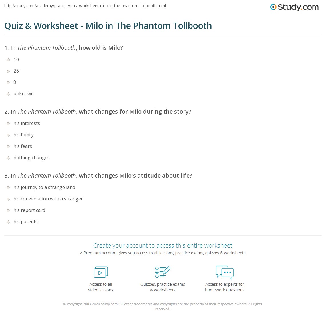Quiz & Worksheet - Milo in The Phantom Tollbooth | Study.com