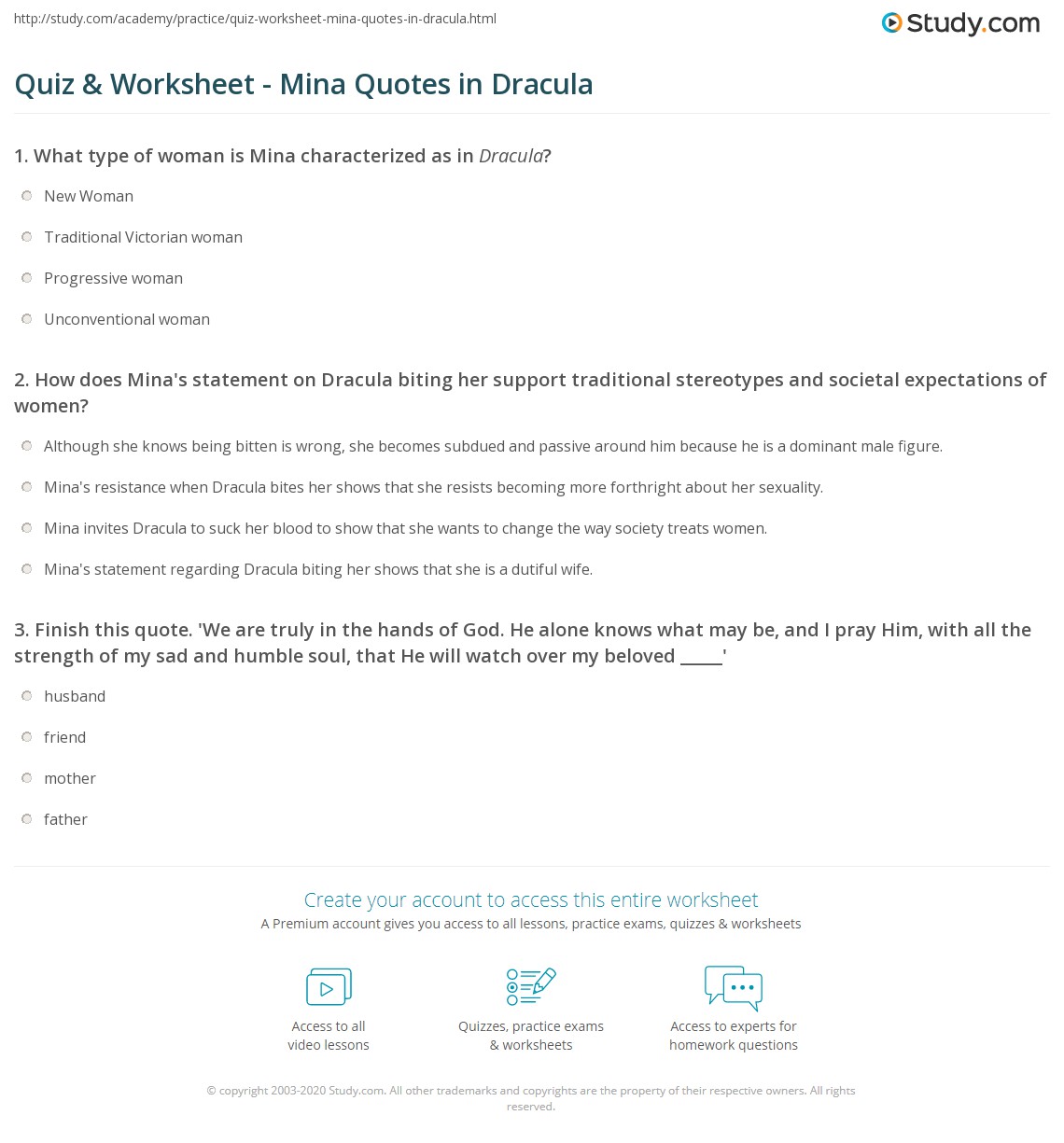Quiz & Worksheet - Mina Quotes in Dracula | Study.com