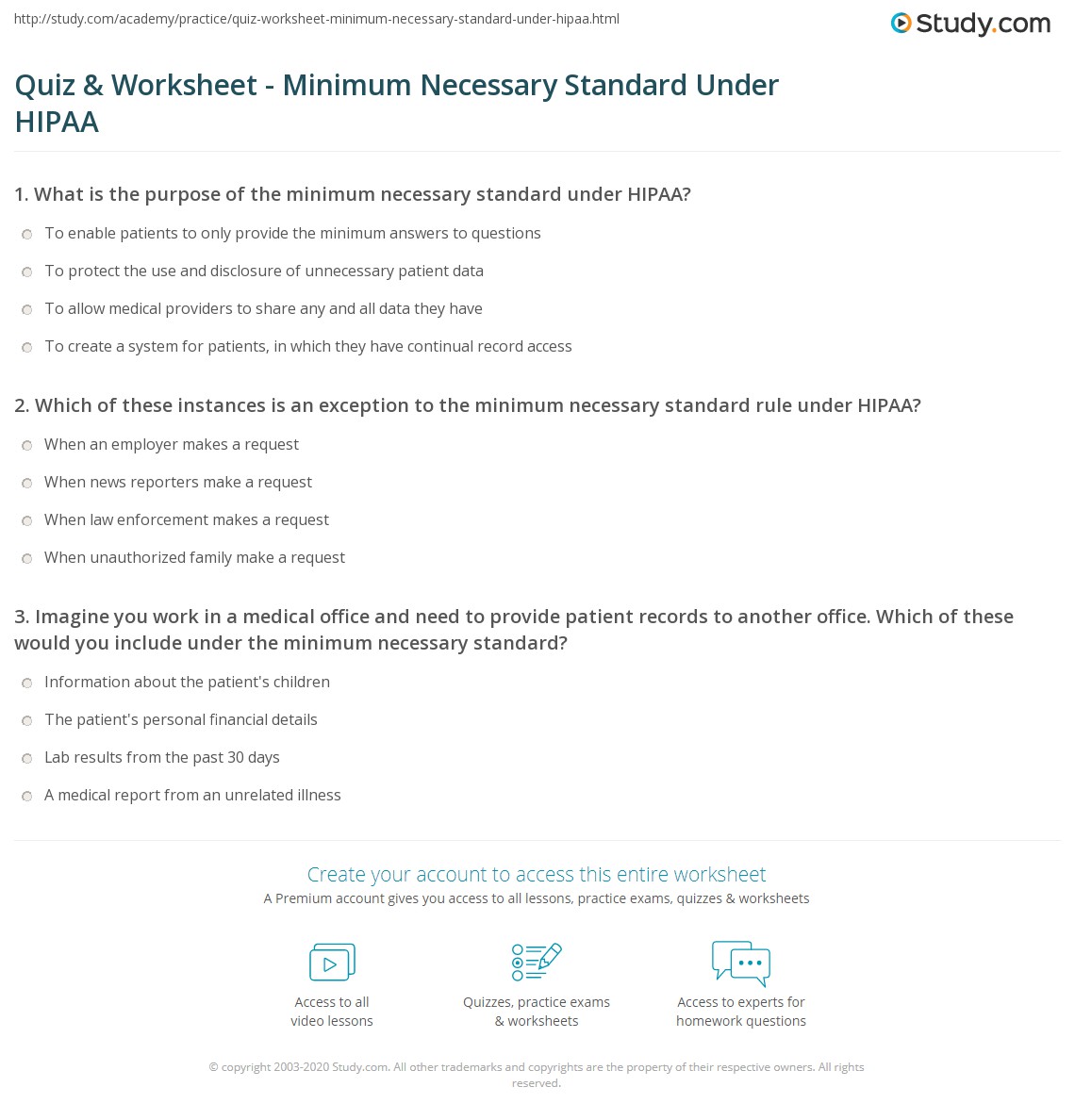 Quiz & Worksheet - Minimum Necessary Standard Under HIPAA | Study.com