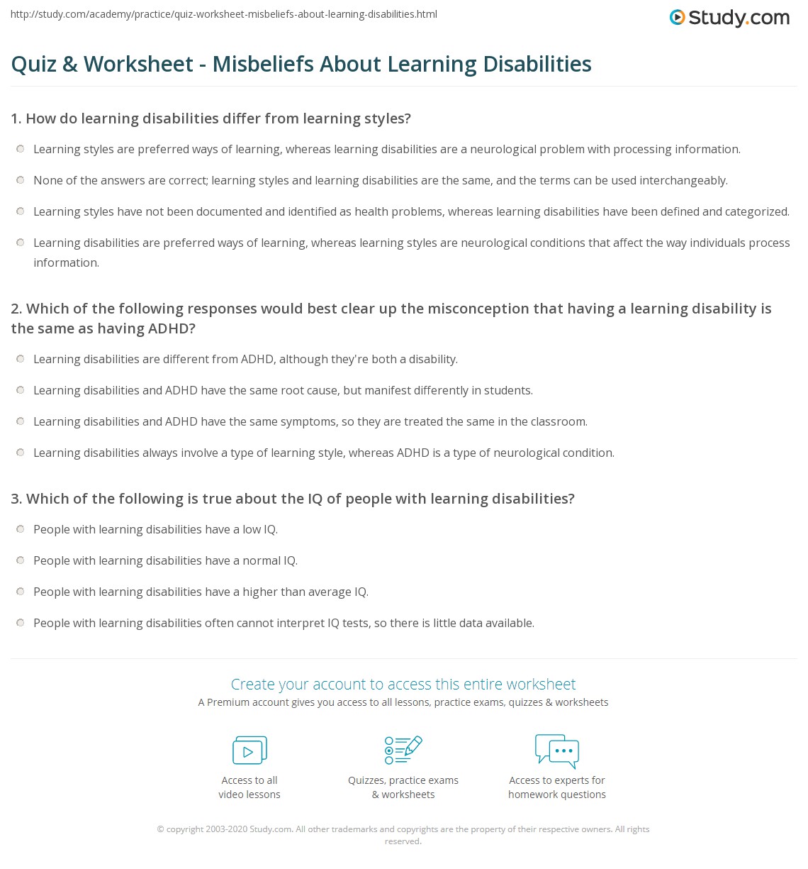 Quiz & Worksheet - Misbeliefs About Learning Disabilities | Study.com